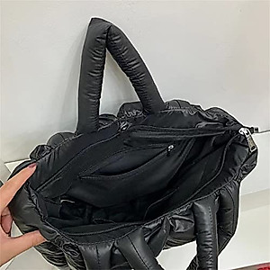 Large Puffer Tote Bag, Lightweight Quilted Cotton Padded Designer Handbags for Women, Luxury Winter Soft Puffer Shoulder Bag (Black)