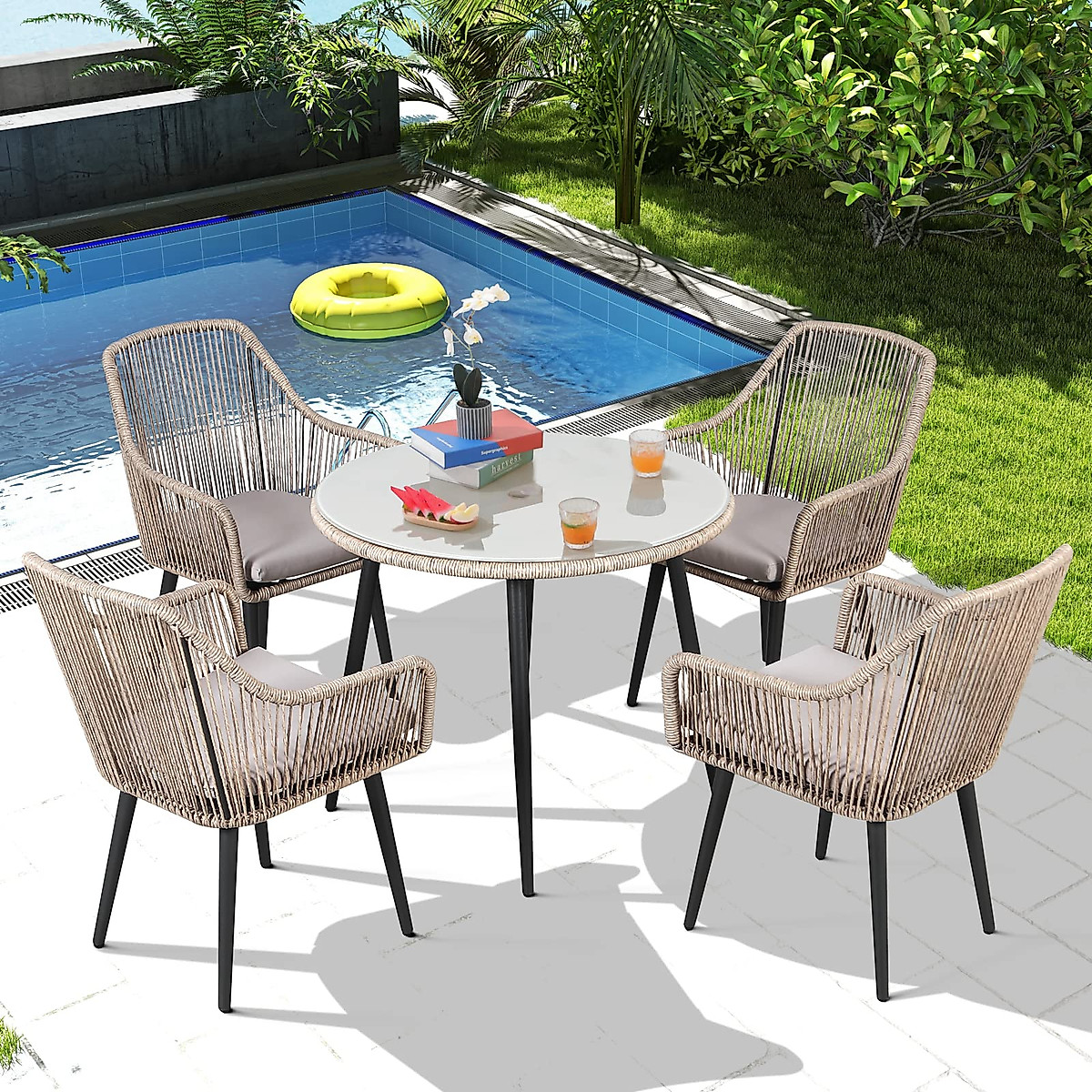 Patiorama 5-Piece Patio Dining Set, Outdoor Dining Table Chair Set, All-Weather Twisted Rattan Wicker Rope Conversation Set, Patio Furniture Set w/Umbrella Hole, 4 Cushioned Chairs&Glass Table(Tan)