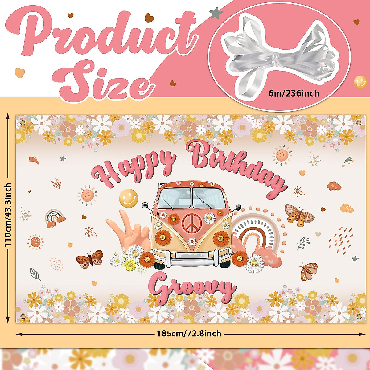 Groovy Party Decorations, Retro Hippie Boho Birthday Party Banner Backdrop Daisy Flower Groovy Sign Background Photography for Groovy Hippie Theme Birthday Party Baby Shower, 72.8 x 43.3 Inch…