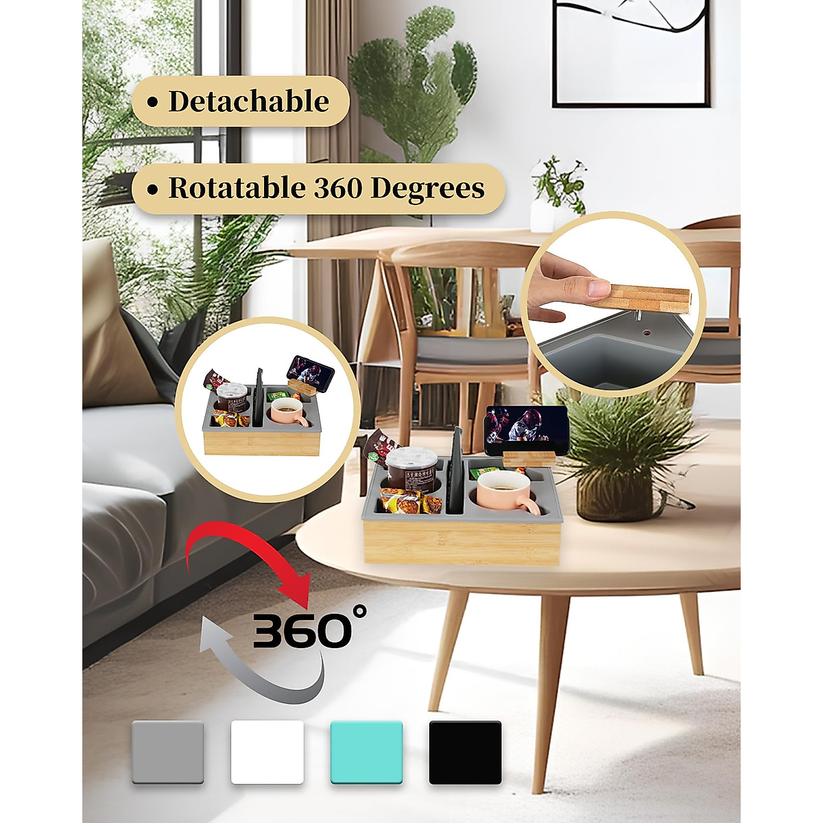 Hitseon Couch Cup Holder Tray, Handy Silicone Bamboo Couch Caddy with Rotatable Phone Holder for Bed Car Seat Organizer, Waterproof Anti-spill Sofa Cup Holder for Snacks Beverage Remote (Gray)