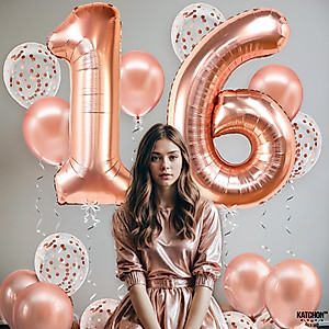 KatchOn, Sweet 16 Balloons Rose Gold - 40 Inch | Sweet 16 Birthday Decorations | Rose Gold 16 Balloon Numbers with Confetti Balloons | Sweet Sixteen Balloons | 16th Birthday Decorations for Girls