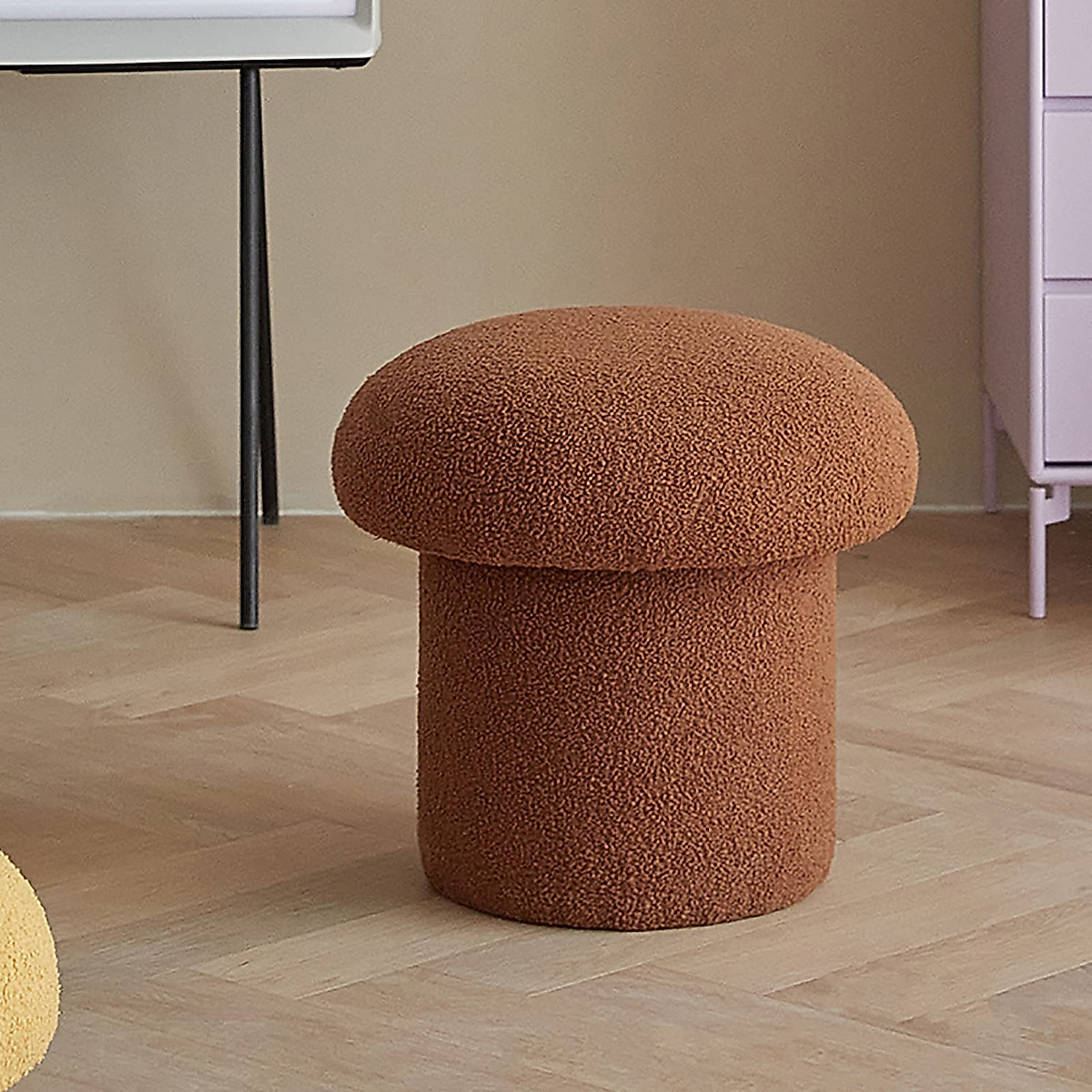 QQXX Sherpa Round Ottoman Stool,Soft Foot Stool Footrest Mushroom Shape,Dressing Makeup Chair,Velvet Upholstered Ottoman Pouf,Comfortable Seat for Living Room, Bedroom, Entrance Sofa Stool