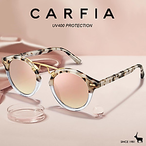 CARFIA Small Pink Mirrored Polarized Sunglasses for Women UV Protection, Acetate Eyewear Double Bridge Metal Brow Sunnies