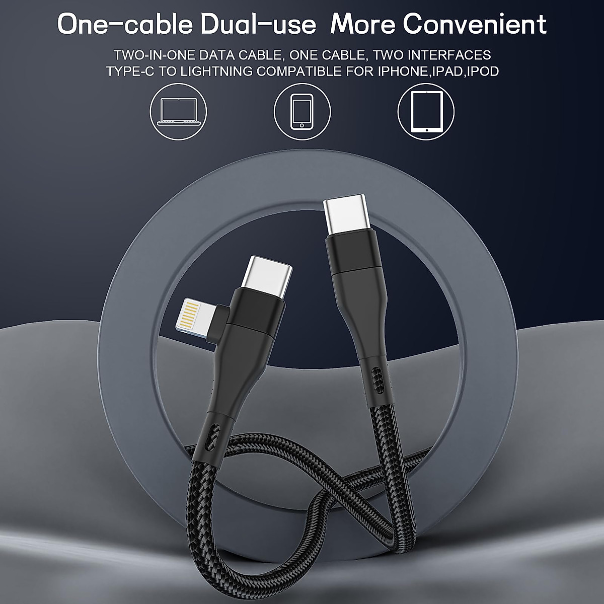 ANDNOVA USB C and Lightning Cable 2 in 1 for iPhone 15/14, Dual Jack Type C with 90 Degree Lightning PD 60W Fast Multi Charging Cable for Travel USB-C Smartphones - 6.6 Ft