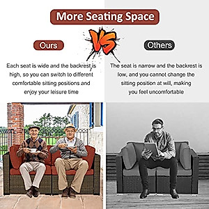 7 Pieces Outdoor Patio Sectional Sofa Set,Brown Wicker Furniture Set, Washable Seat Cushions with Zippers and Tempered Glass Table, Maple Red Cushion