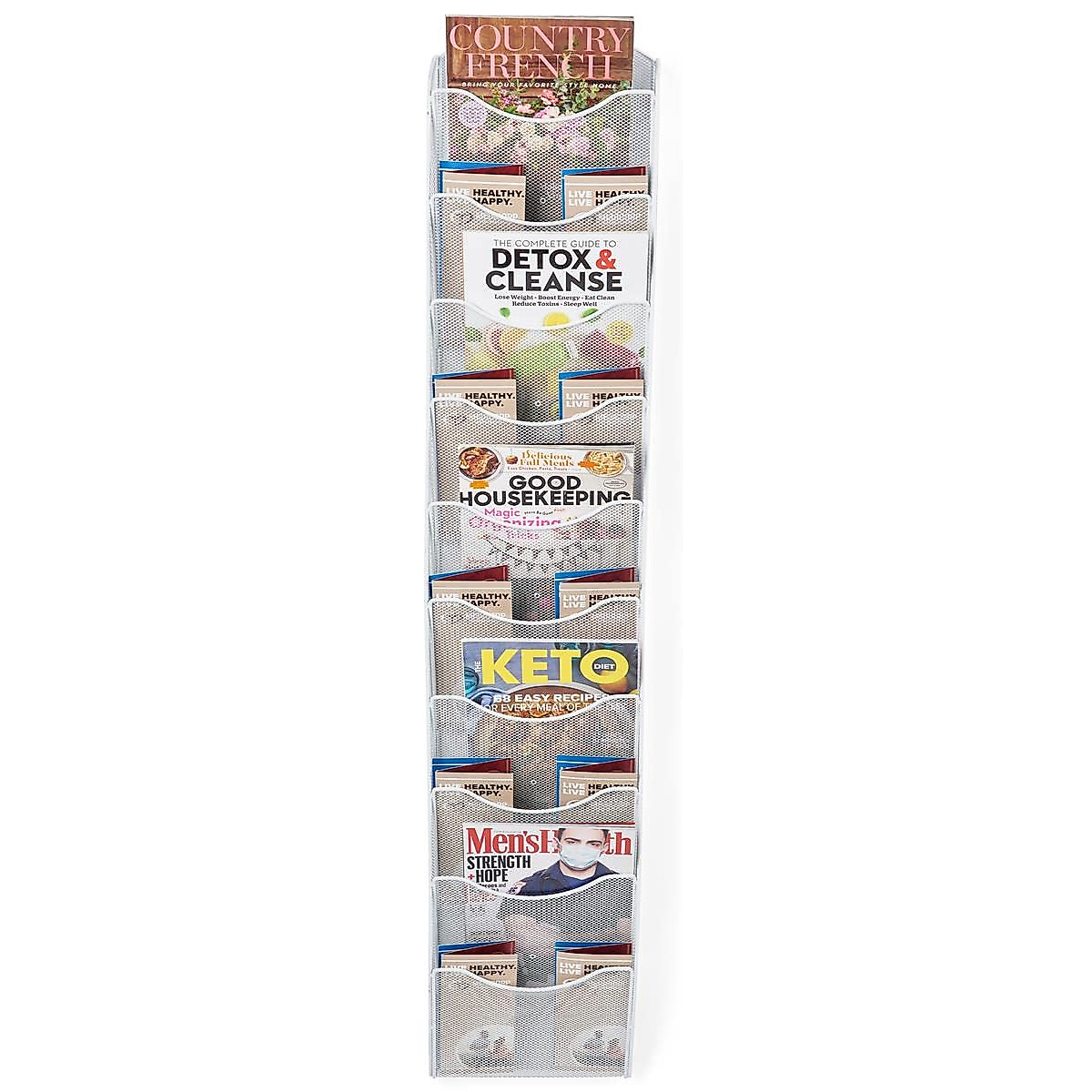 Displays2go Single & Multi-Tiered Metal Mesh Literature Wall Rack, 10-20 Pockets - White (MSHWL10WHT)