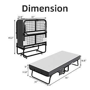Folding Bed with Mattress, Portable Foldable Bed with Premium 5 Inch Memory Foam Mattress, Rollaway Bed Day Bed for Adults with Storage Cover and Metal Frame, Cot Size Extra Guest Bed (75" x 31")