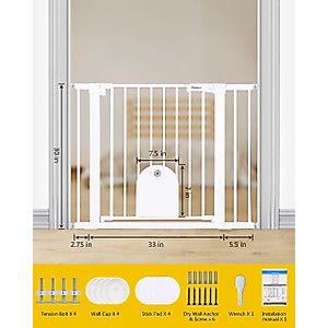 Newnice 40.6" -29.7" Auto Close Baby Gate with Small Cat Door, Easy Walk Thru & Durable Dog Pet Gates for Stairs, Doorway, House, Pressure Mounted Safety Child Gate Includes 4 Wall Cups