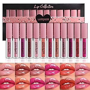 LANGMANNI 12Pcs Lip gloss Collection Makeup Set, Shiny Smooth Soft Liquid Lip Glosses Lip Stain With Rich Varied Colors For Girls And Women Makeup
