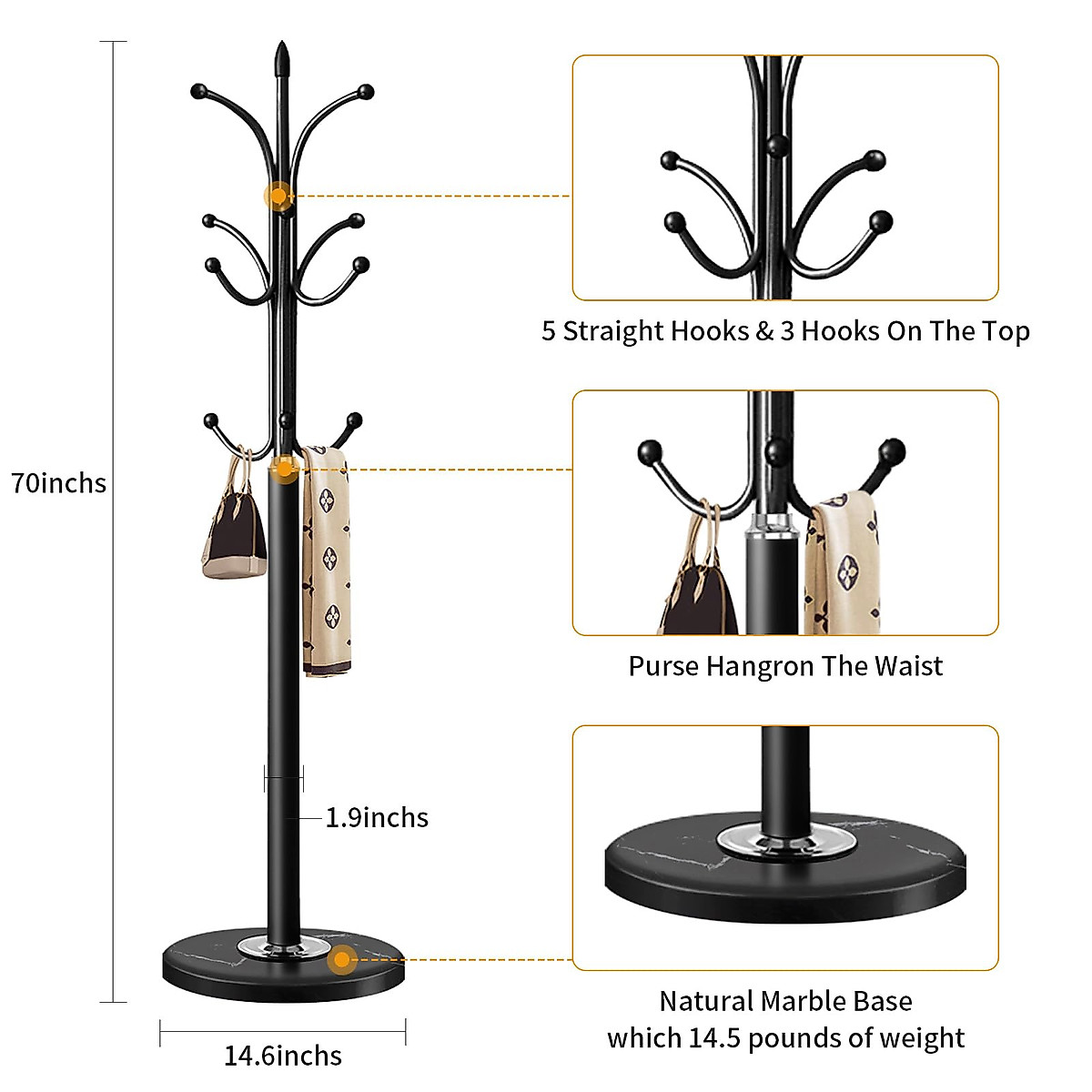 Tenkovic Metal Coat Rack Stand with Natural Marble Base, Coat Rack Freestanding, Sturdy Hall Tree with 12 Hooks for Hanging Clothes, Bags, Scarfs, Coat Hanger for Entryway, Hallway (Black)