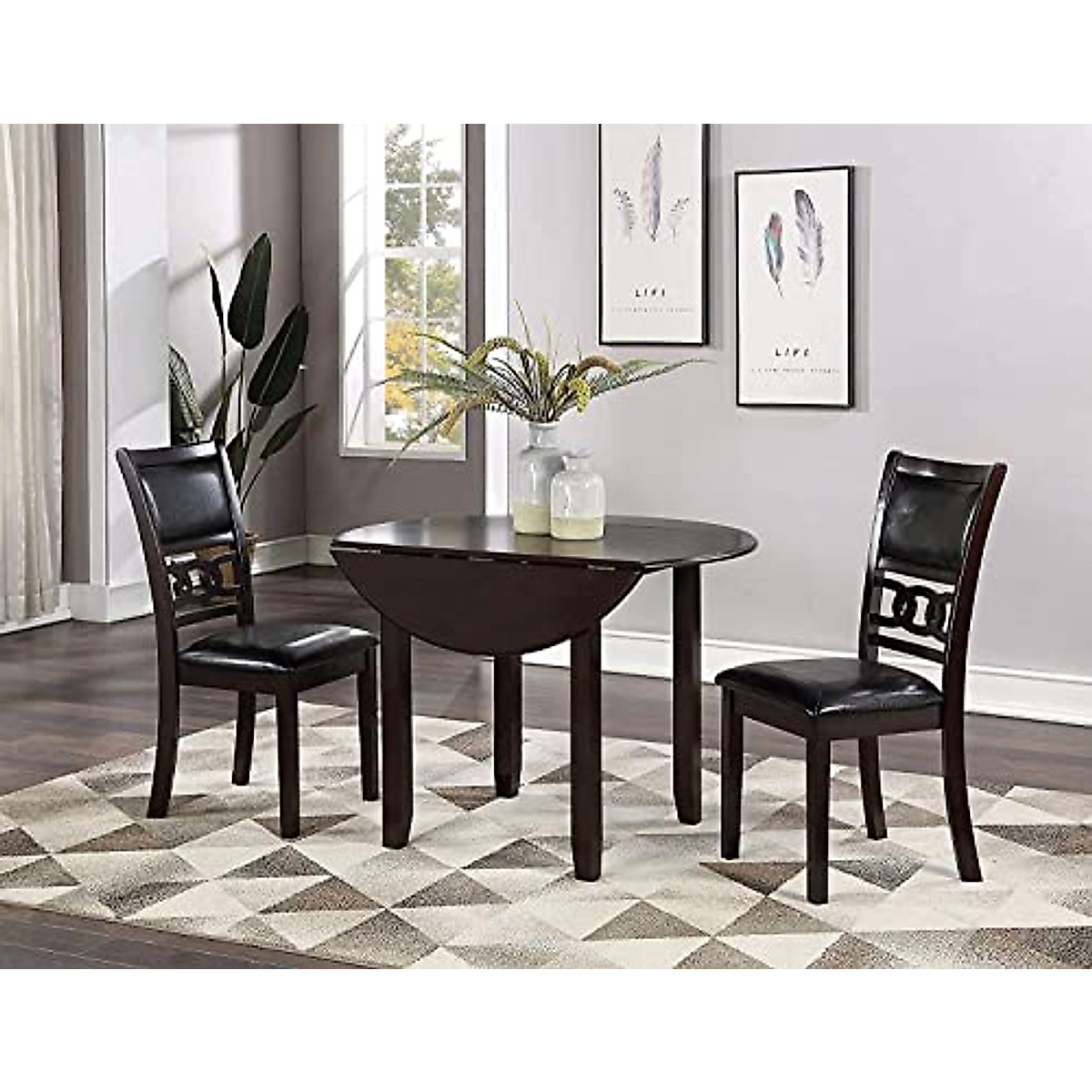 New Classic Furniture Gia Drop Leaf Dining Table with Two Chairs, 42", Ebony,EC-SOVKYDYFFO