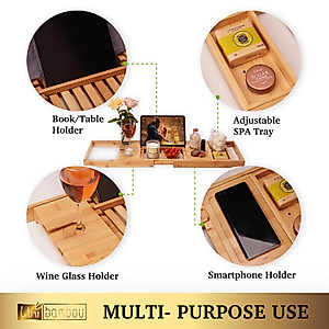Bamboo Bathtub Caddy Tray for Luxury Bath, Expandable Bath Tray for Tub with Book and Wine Holder- Gift Idea for Loved Ones