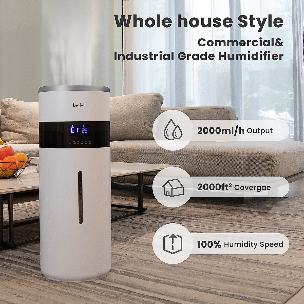 LACIDOLL Humidifiers for Large Room, 4.8Gal/18L Wholehouse Humidifiers 2000 sq.ft, Ultrasonic Cool Mist Large Humidifiers Dual 360° Nozzles Top Fill Floor Humidifier for Home Grow Tent