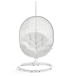 Modway Hide Wicker Rattan Outdoor Patio Porch Lounge Egg Swing Chair Set with Stand in White