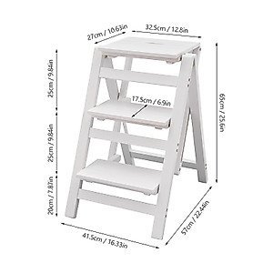 BANLICALI Chair Ladder, 3-Step Ladder Folding Step Stool Ladder Chair, White Pinewood Kitchen Step Stool Counter Chair for Kitchen, Bedroom, Living Room, Warehouse Load 100kg/ 220.46 lbs