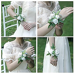 Wrist Corsage and Boutonniere Set, Artificial Champagne Rose Corsage Wristlet and Men's Boutonniere for Wedding Prom Party Homecoming Ceremony Anniversary(1Boutonniere+1Wrist Corsage)