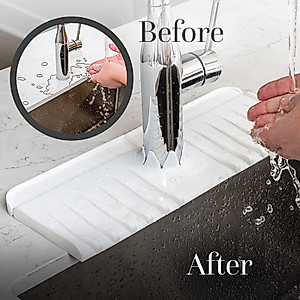 TYOARO Silicone Sink Splash Guard, 14.6 x 5.5 - Splash Guard Behind Faucet Water Drip Catcher Mat Tray for Kitchen, Bathroom - Self-Draining, Sink Sponge Holder (White)