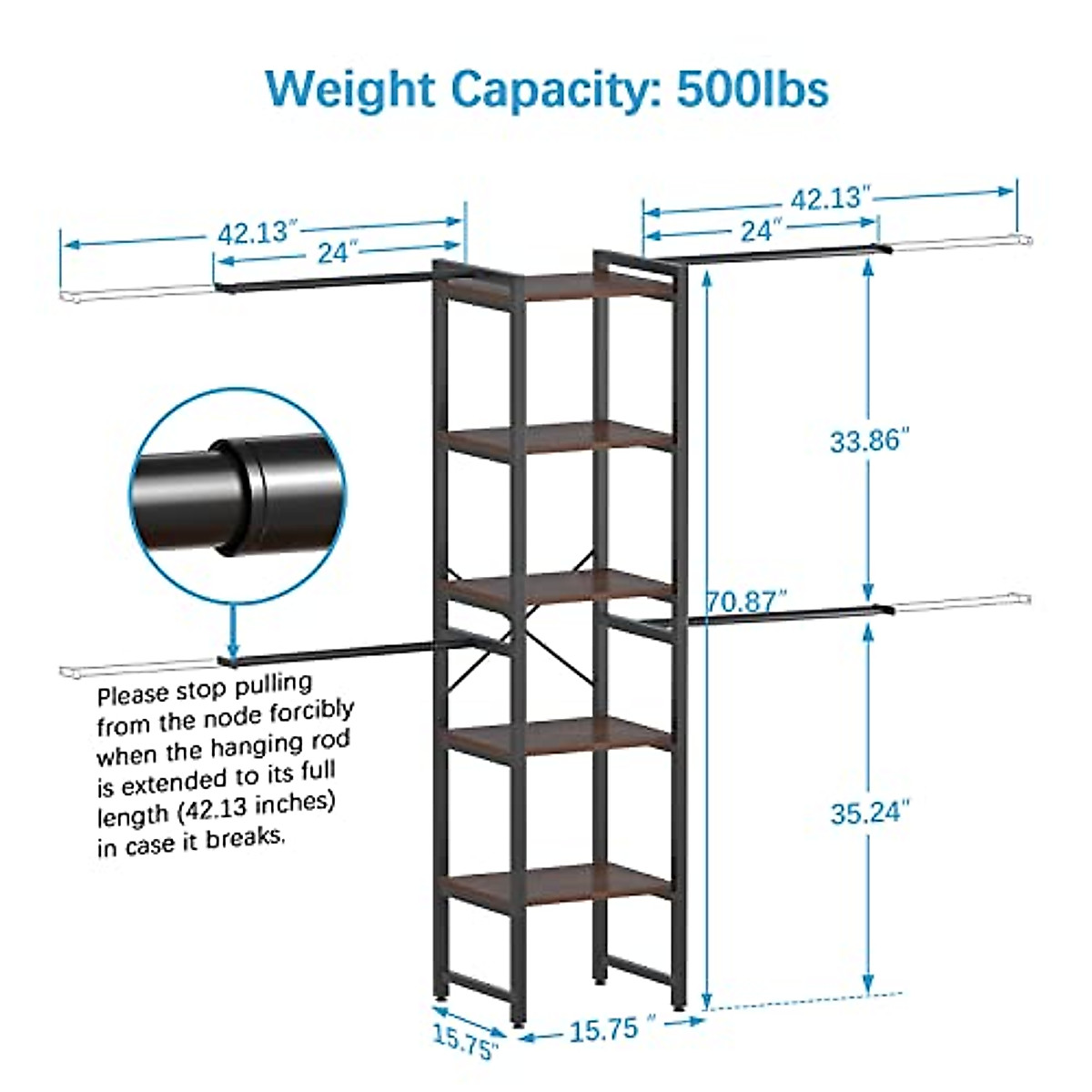 Timate P6 Medium Clothes Rack Heavy Duty Closet Organizer System Wall Mounted, 4 Expandable Hanging Rods 5 Tiers Adjustable Storage Closet Shelves Tower Hanging Closet Kit Fits Space 5.3-8.3 ft Black