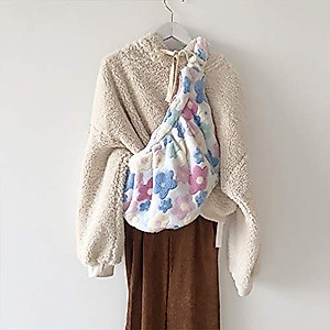 VALICLUD Hobo Bag Large Capacity Furry Handbag Shoulder Tote Bag Fluffy Purse Floral Flower Purse for Women