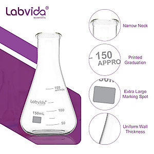 Labvida 6pcs of Narrow Mouth Glass Erlenmeyer Flasks, Vol.150ml, 3.3 Borocilicate with Printed Graduation, LVC002