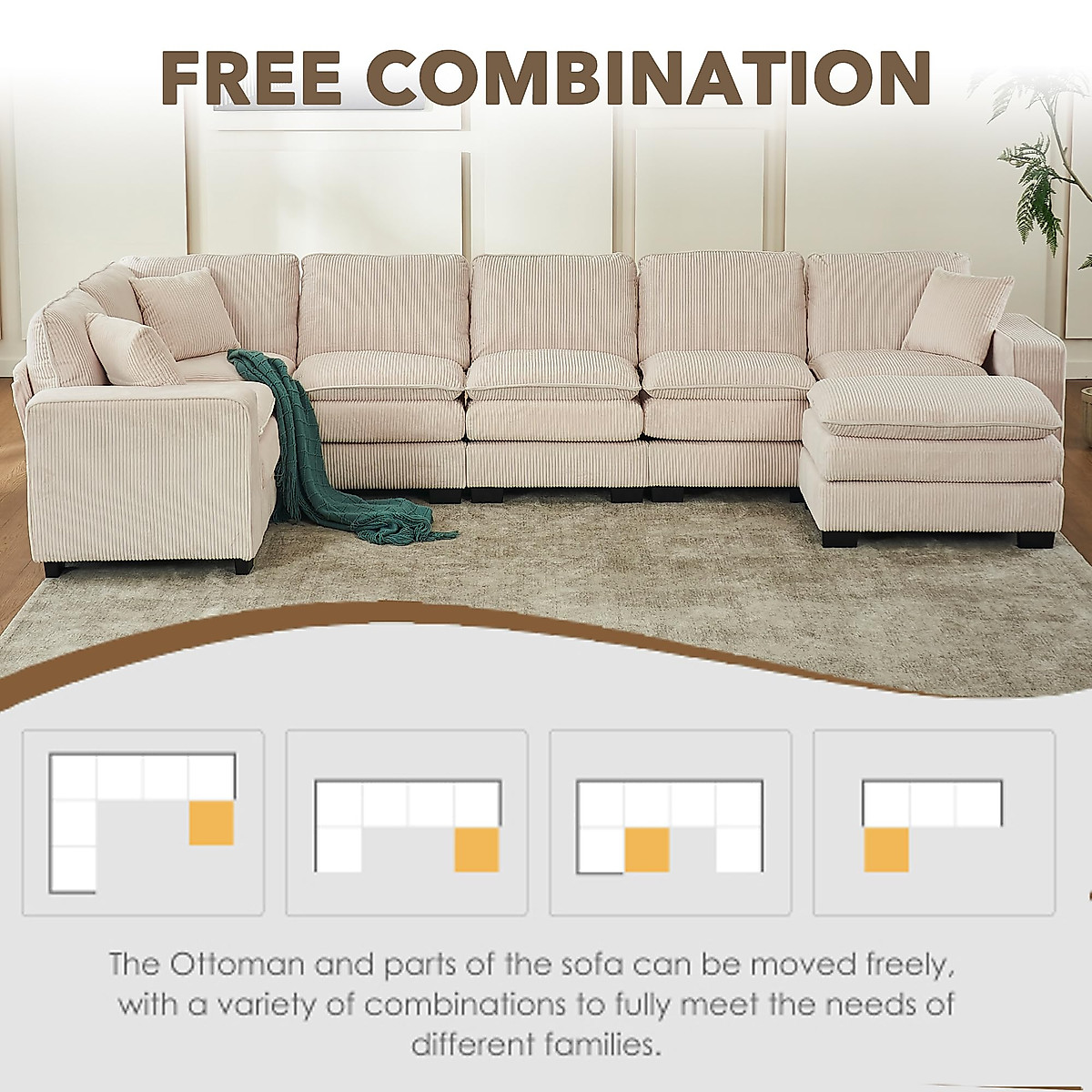 Luxyhoom Modular Sectional Sofa, 6 Seater L-Shaped Convertible Couch with Ottoman, Corduroy Upholstered Living Room Furniture Set, Double Cushion Cloud Corner Couch for Apartment, Hotel, Office, Beige