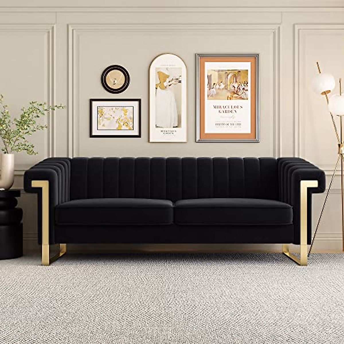 Mid Century Modern Velvet Couch - 83.85 Loveseat Sofa Curved Gold Boho Love Seat Comfy Couches for Living Room, 3 Seat Tufted Deep Seat Sectional Gothic Minimalist Sofa Bedroom Apartment (Black 1)