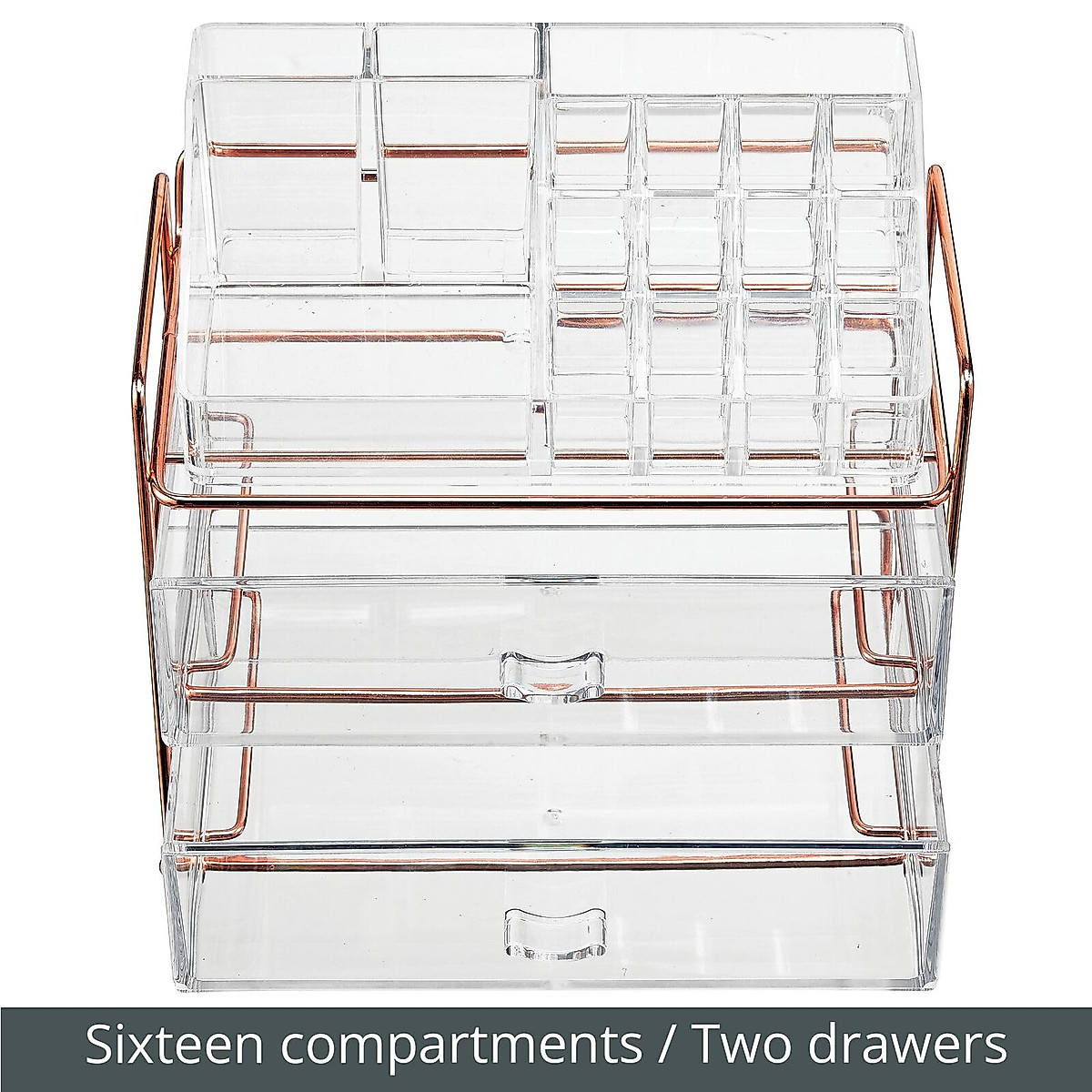 mDesign Plastic Cosmetic Storage Organizer Station with 2 Drawers and 16 Divided Sections for Bathroom, Cabinet, Vanity, Countertop - Holds Makeup Palettes, Brushes, Blush, Mascara - Rose Gold/Clear