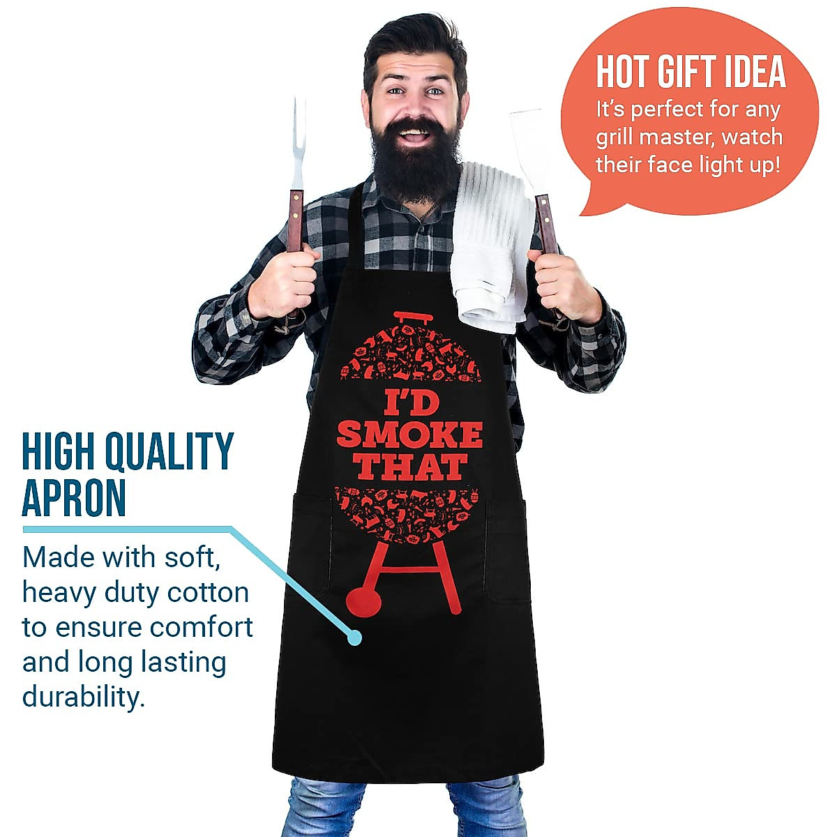 Lavley Funny Cooking Aprons Grilling Gift For Men & Women With Pockets, Extra Long Waist Ties & Adjustable Neck Strap (I'd Smoke That)