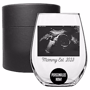 Spotted Dog Company Personalized 17oz Printed Photo Picture Stemless Wine Glass - Mother's Day First Time New Mom Gift - Mommy to be Gift - Expecting Mom Gift - Pregnant Pregnancy Announcement Women