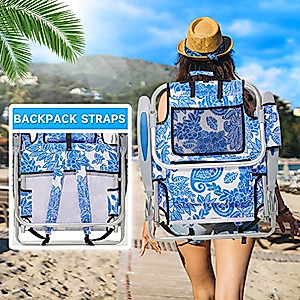 Canpsky Portable Beach Chair for Adults, Outdoor Lightweight Camping Chair Lay Flat Folding Backpack Beach Chair with 4 Positions, Headrest, Cooler Pouch, Cup Holder, Blue and White Porcelain