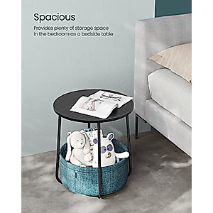 VASAGLE Small Round Side End Table, Modern Nightstand with Fabric Basket, Classic Black, Dark Turquoise