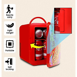 Coca-Cola Peace 1971 Series Portable 6 Can Thermoelectric Mini Fridge Cooler/Warmer, 4 L/4.2 Quarts Capacity, 12V DC/110V AC for home, dorm, car, beverages, skincare, cosmetics, medication