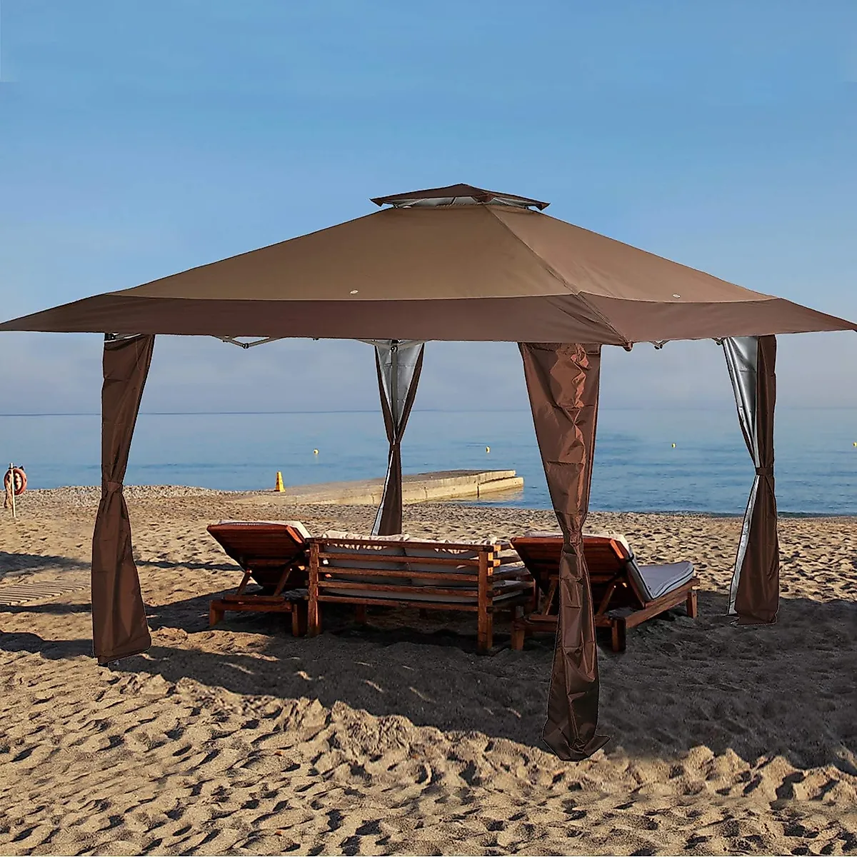 PHI VILLA 13' x 13' Patio Gazebo Tent Outdoor Pop-up Canopy Shelter with Elegant Corner Curtain for Backyard, Party, Family Outings, 169 Sq. Ft of Shade, Brown
