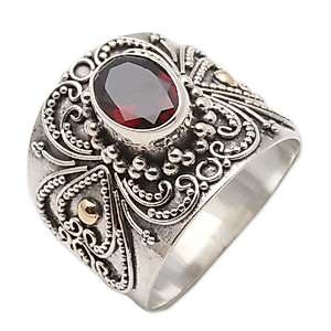 NOVICA Artisan handmade gold accent garnet cocktail ring balinese silver oval with accents sterling single stone indonesia gemstone birthstone traditional [Ring front 0.8 in L x 0.8 in W x 0.2 in H B]