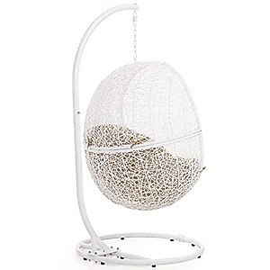 Zuri Furniture Modern Shore White Basket Swing Chair Khaki Cushion with Stand