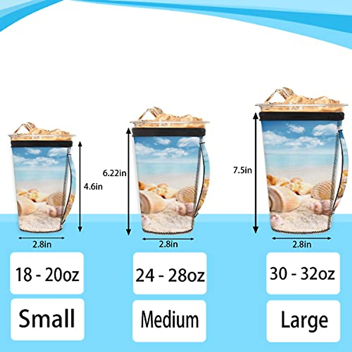 Beach Starfish Seashell Reusable Iced Coffee Cup Sleeve with Handle Neoprene Ice Coffee Cup Sleeve Small 18-20 oz Insulator Drink Holde for Coffee Cups Water Beverages Bottle