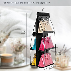 FAJYAZ Purse Organizer for Closet, Handbag Organizer with 6 Large Transparent Pockets, Washable Purse Organizer Storage(Black)