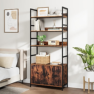 BOTLOG Industrial Bookshelf, Tall Bookshelf with Storage, Wood and Metal Shelf with Doors and Shelves Rustic Brown for Office and Living Room