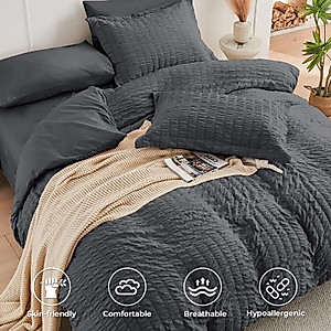 HYMOKEGE Dark Grey Duvet Cover Queen Size, Ultra Soft & Breathable 3PC Seersucker Duvet Cover Set with Zipper Closure & Corner Ties–Includes 1 Duvet Cover (90"x90") & 2 Pillowcases