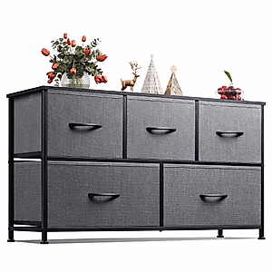 WLIVE Dresser for Bedroom with 5 Drawers, Wide Chest of Drawers, Fabric Dresser, Storage Organizer Unit with Fabric Bins for Closet, Living Room, Hallway, Nursery, Dark Grey