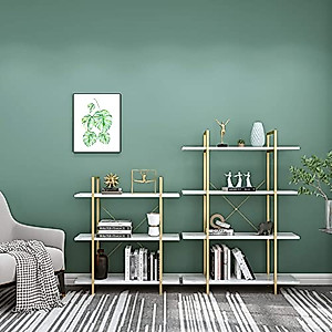 IOTXY 4-Tier Open Shelf Bookcase - Modern Freestanding Wooden Display Stand Unit with Metal Frame for Home and Office, Bookshelf, Gold White