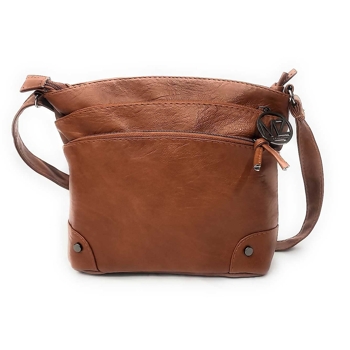 MariaKinz Soft Leather 4 Zipper Pockets Crossbody Purse and Handbag (Brown)