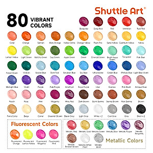 80 Colors Acrylic Paint, Shuttle Art Acrylic Paint set with 12 Paint Brushes, 2oz/60ml Bottles, Rich Pigmented, Water Proof, Premium Paints for Artists, Beginners and Kids on Canvas Rocks Wood Ceramic