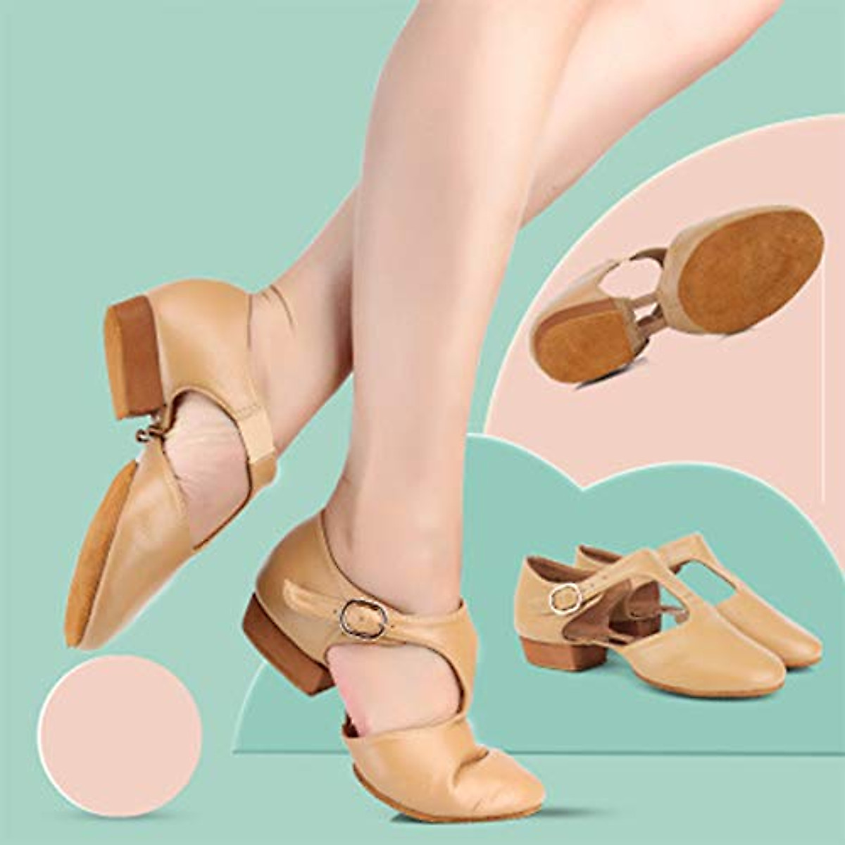 HIPPOSEUS Women's T-Strap Leather Jazz Shoes Tan Teaching Dance Shoes for Dance Class with Split Sole,Model LG59,US 7