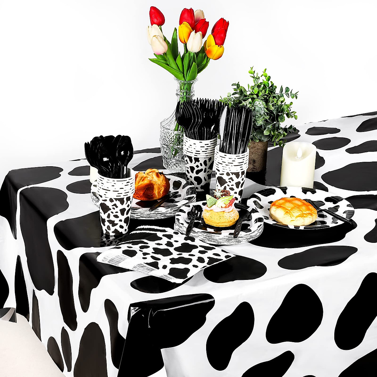 durony 169 Pieces Cow Print Party Tableware Serves 24 Include Party Plates Spoons Forks Knife Cups Napkins Cow Print Farm Animal Birthday Supplies for Baby Shower Farm Cow Themed Decorations