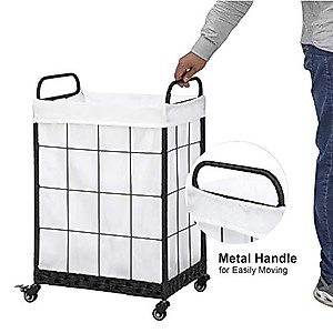 Laundry Hamper with Heavy Duty Rolling Lockable Wheels; Durable Laundry Basket with Detachable Liner Bag; Collapsible Clothes Hamper with Metal Handle (White)