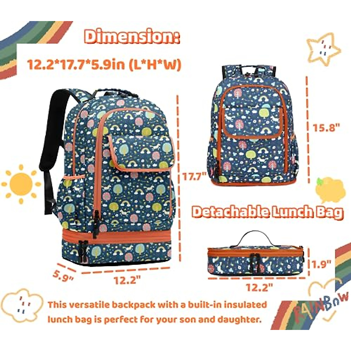 Leaper Water-resistant Cute Mermaid Laptop Backpack Double Deck Lunch Bag Satchel Purple