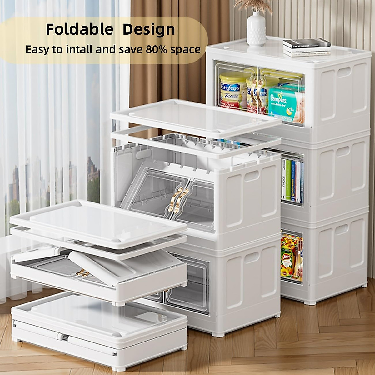 wookon Collapsible Storage Bin with Lid,27Gal/108QT Stackable Storage Bins with Door,Blanket Storage,Clear Storage Bins with Lids,Storage Shelves,Cube Storage Organizer,Bedroom Organization (3 Pack)