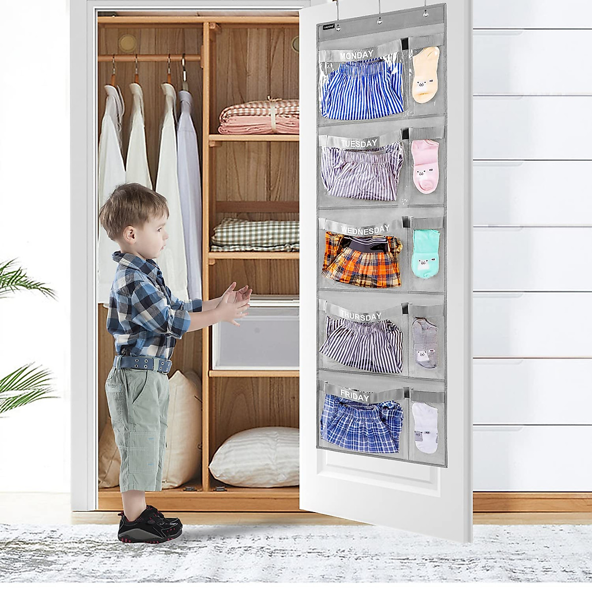 ANZORG Weekly Kids Clothes Organizer Day of Week School Clothing Storage Monday to Friday Hanging Closet Organizer (Grey)