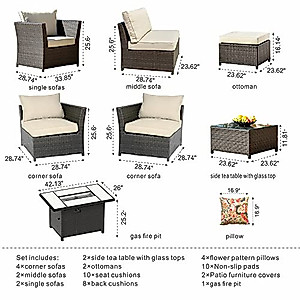XIZZI Patio Furniture Set Outdoor Sectional Sofa with 42" 50000BTU Gas Propane Fire Pit Table 13 Pieces PE Wicker Rattan Patio Conversation Sets with 4 Pillows and Furniture Covers,Fire Pit/Beige